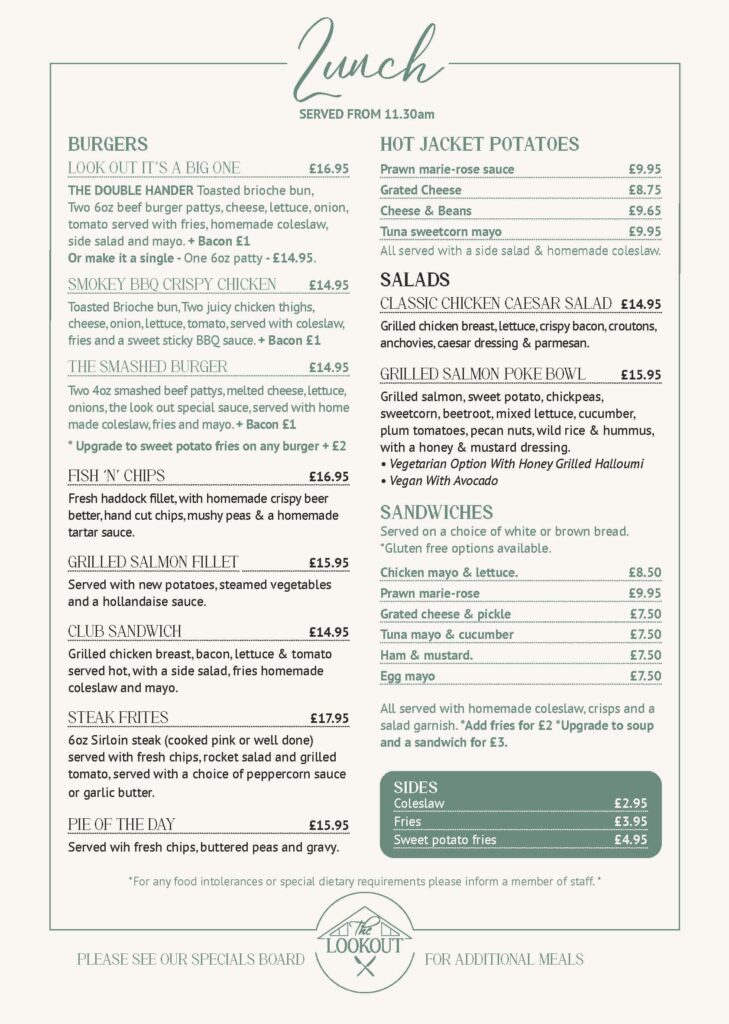 Menu | The Lookout - Preston