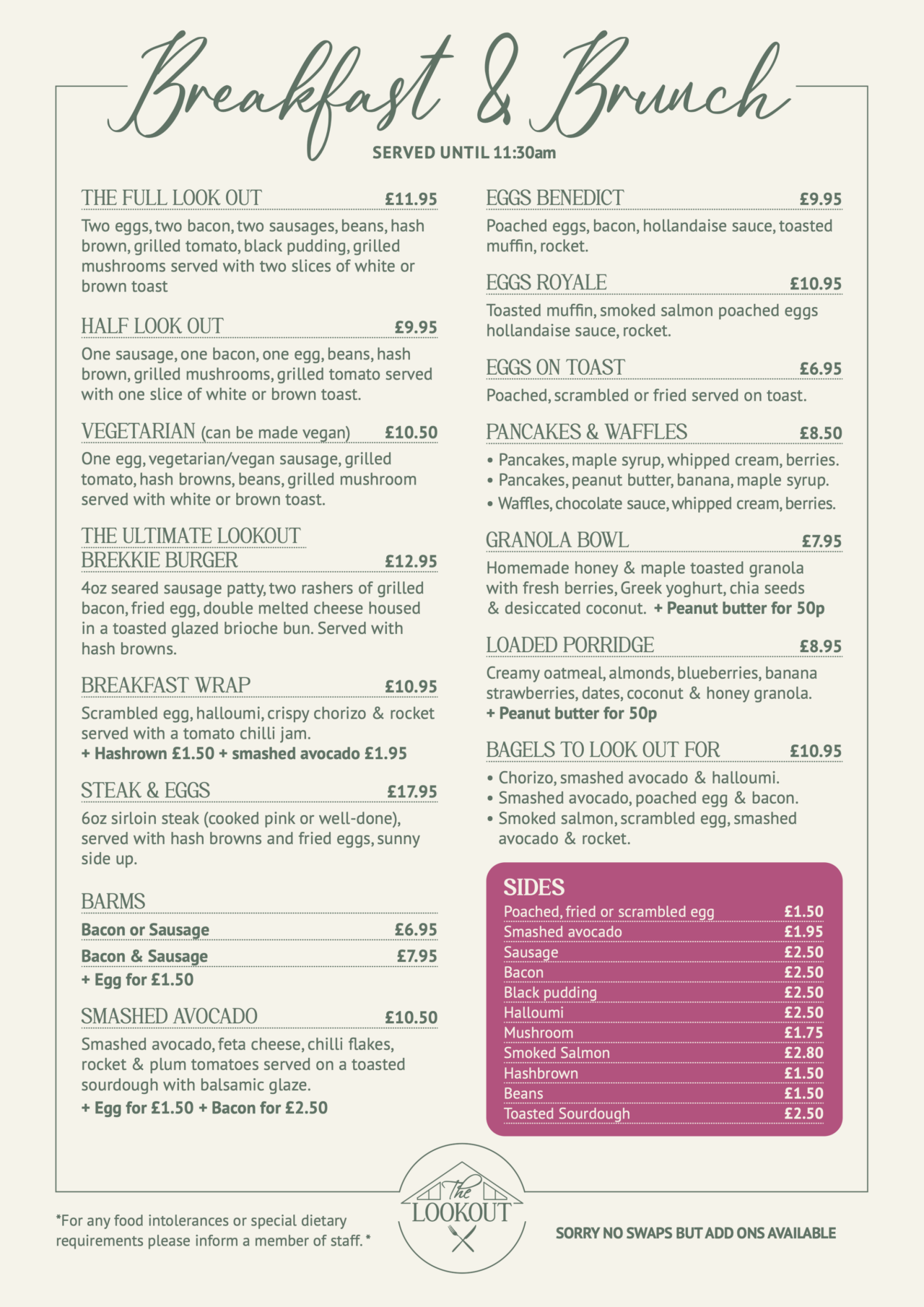 Menu | The Lookout - Preston