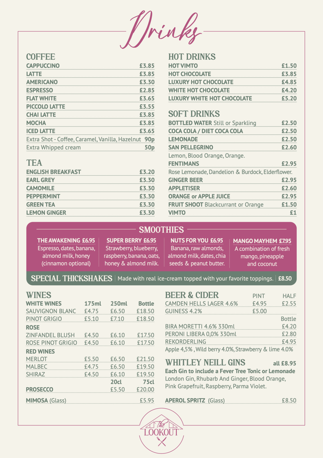 Menu | The Lookout - Preston