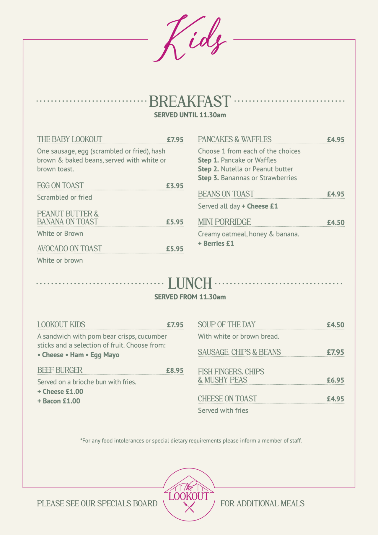Menu | The Lookout - Preston