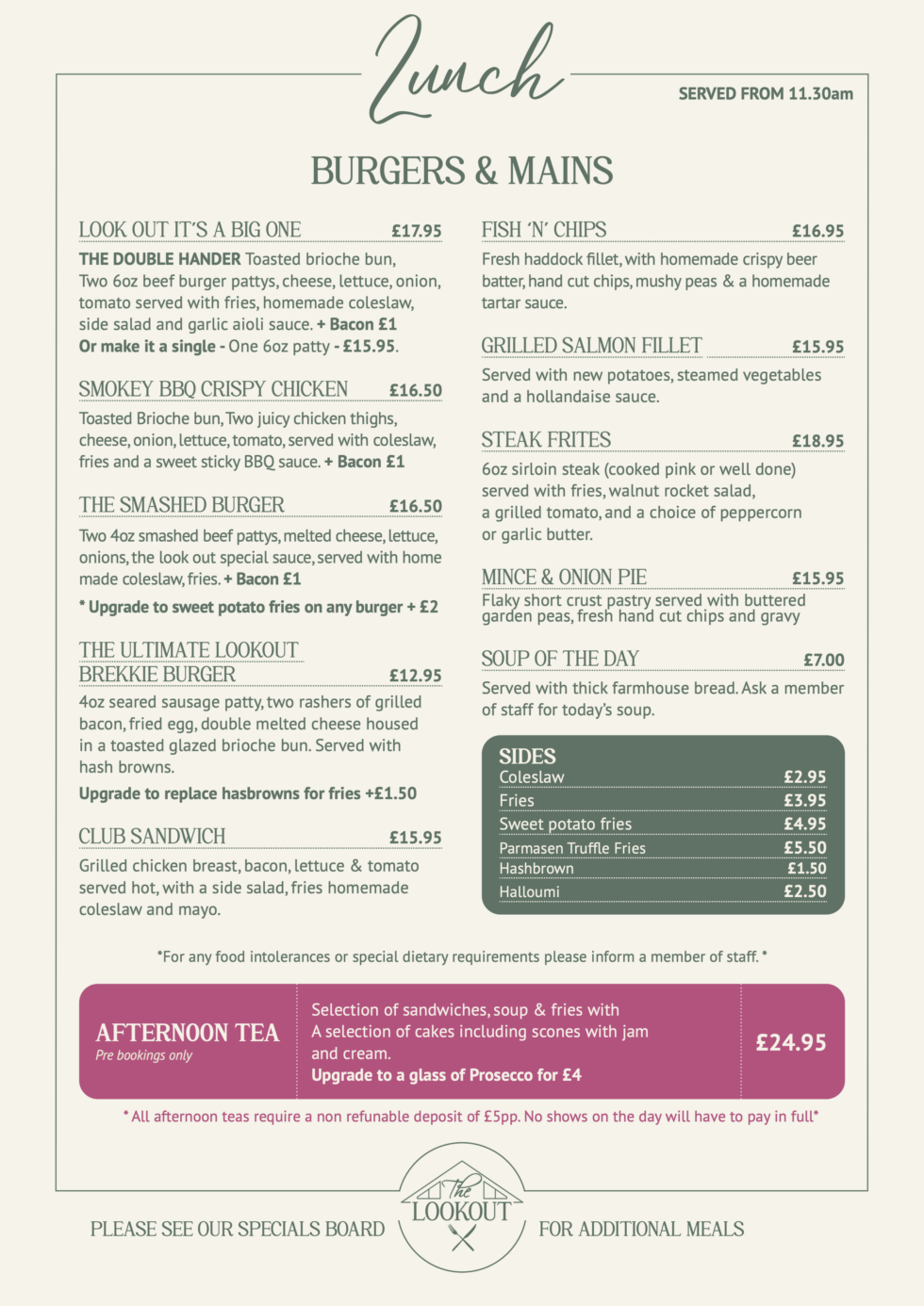 Menu | The Lookout - Preston